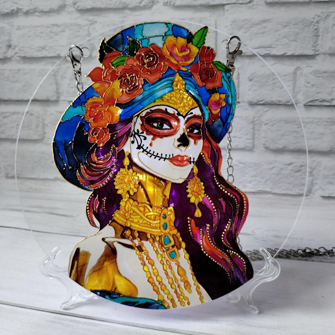 Stained Glass Suncatcher 10 in ( 24 Cm) Mexican Day of Dead Glass ...