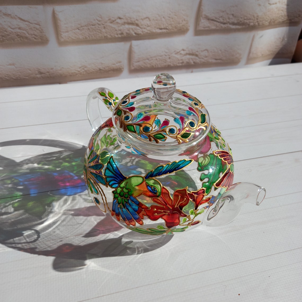 Stained Glass Tea Set Hummingbirds Hand Painted Teapot and 2 | Etsy