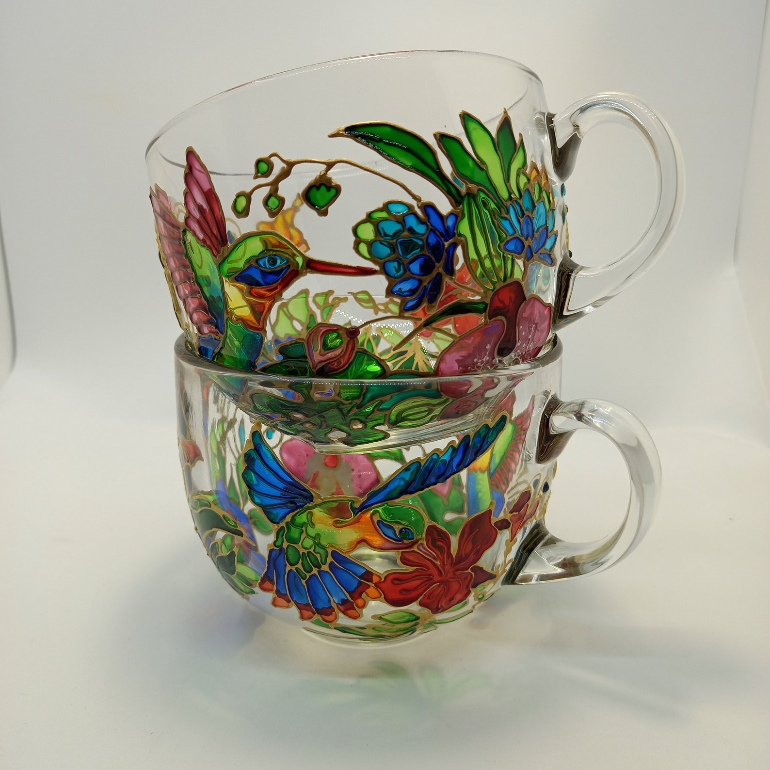 Stained Glass Tea Set Hummingbirds Hand Painted Teapot and 2 | Etsy