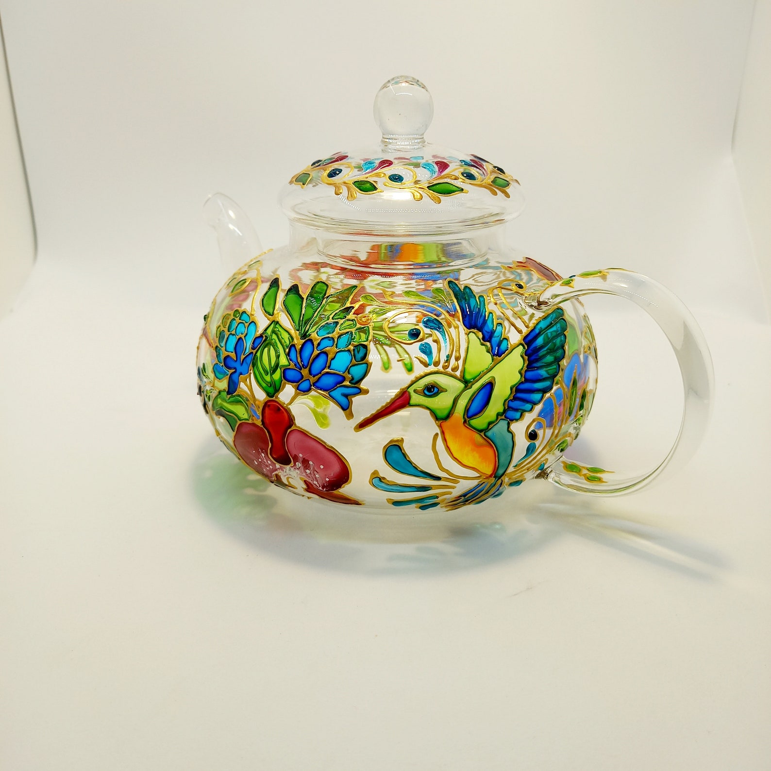 Stained Glass Teapot 20 oz 600 ml Hummingbirds Hand Painted | Etsy