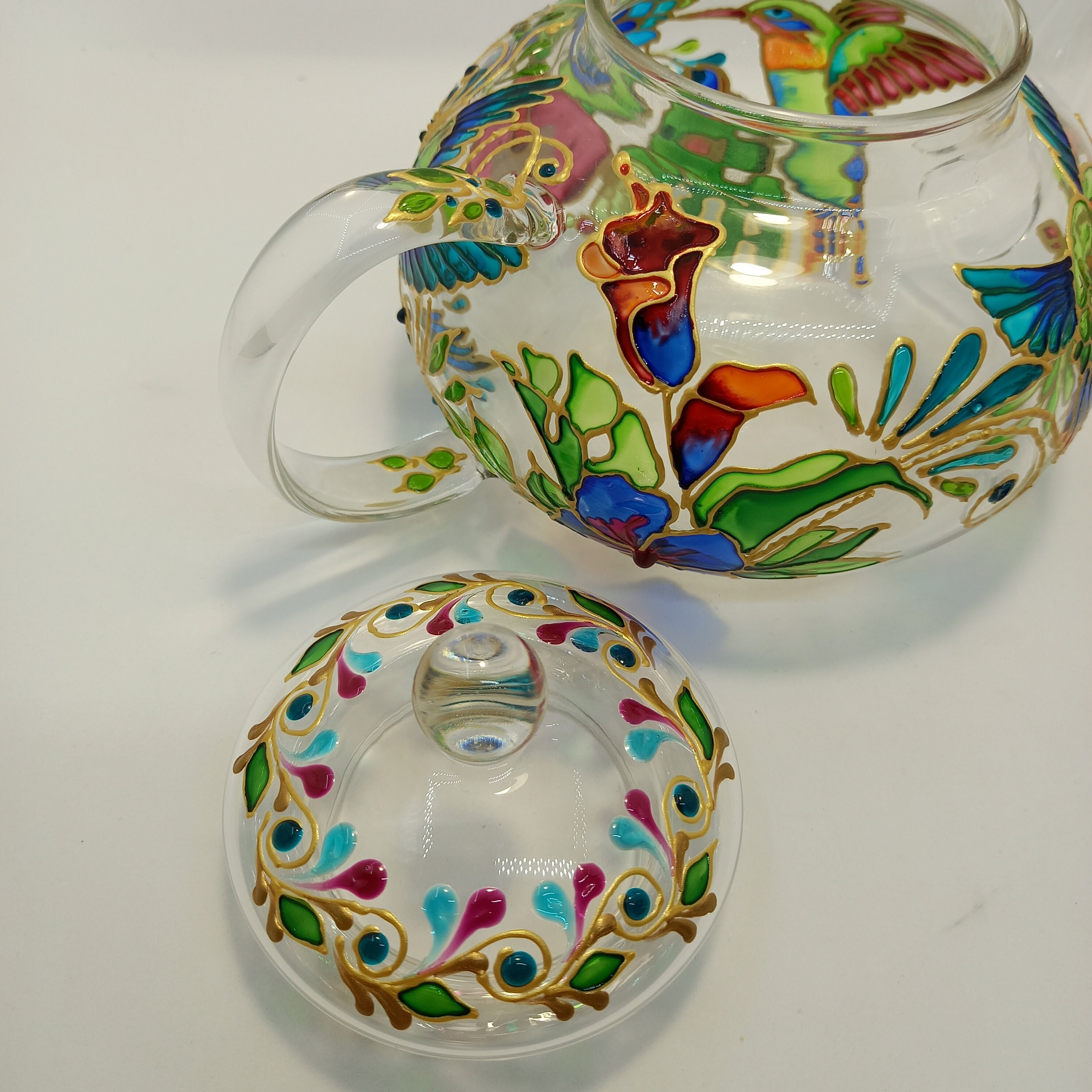 Stained Glass Teapot 20 oz 600 ml Hummingbirds Hand Painted | Etsy