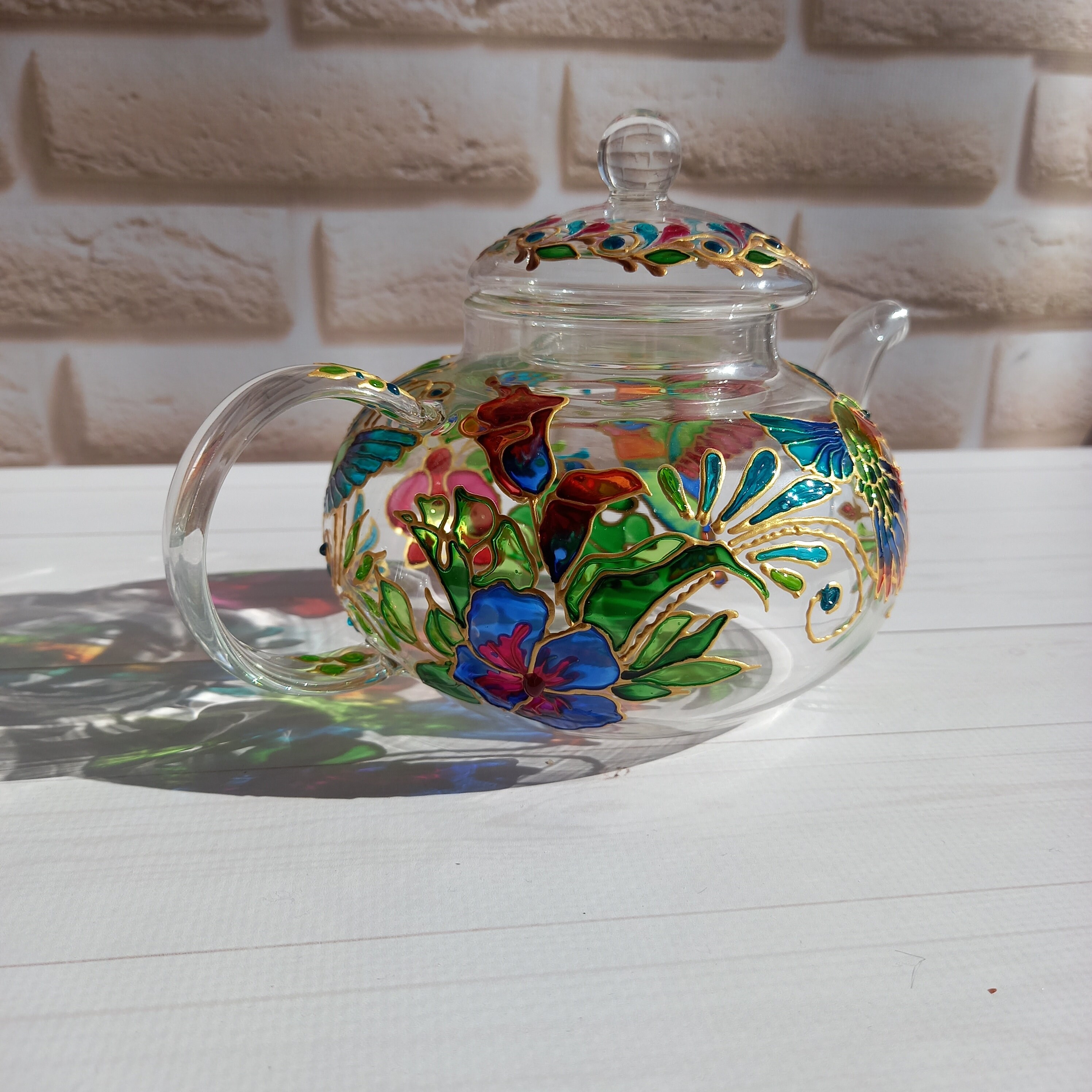 Stained Glass Tea Set Hummingbirds Hand Painted Teapot and 2 | Etsy