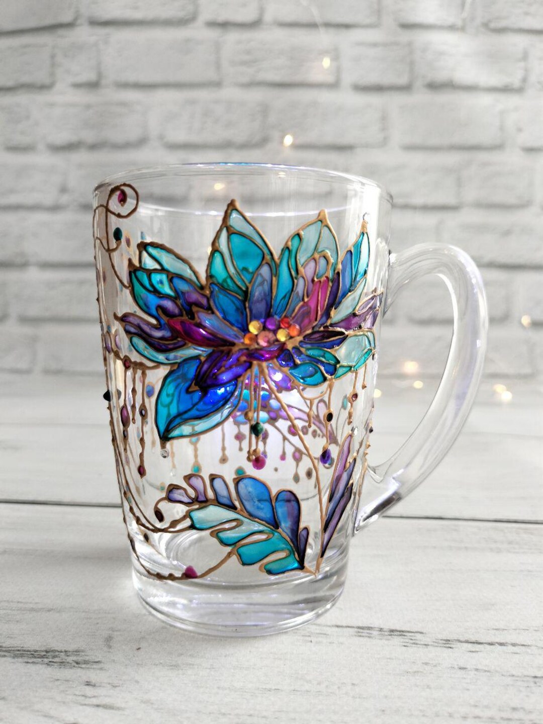 Staned Glass Cup 11 Oz ( 330 Ml) Blue Lotus Painted Glass Cup ...