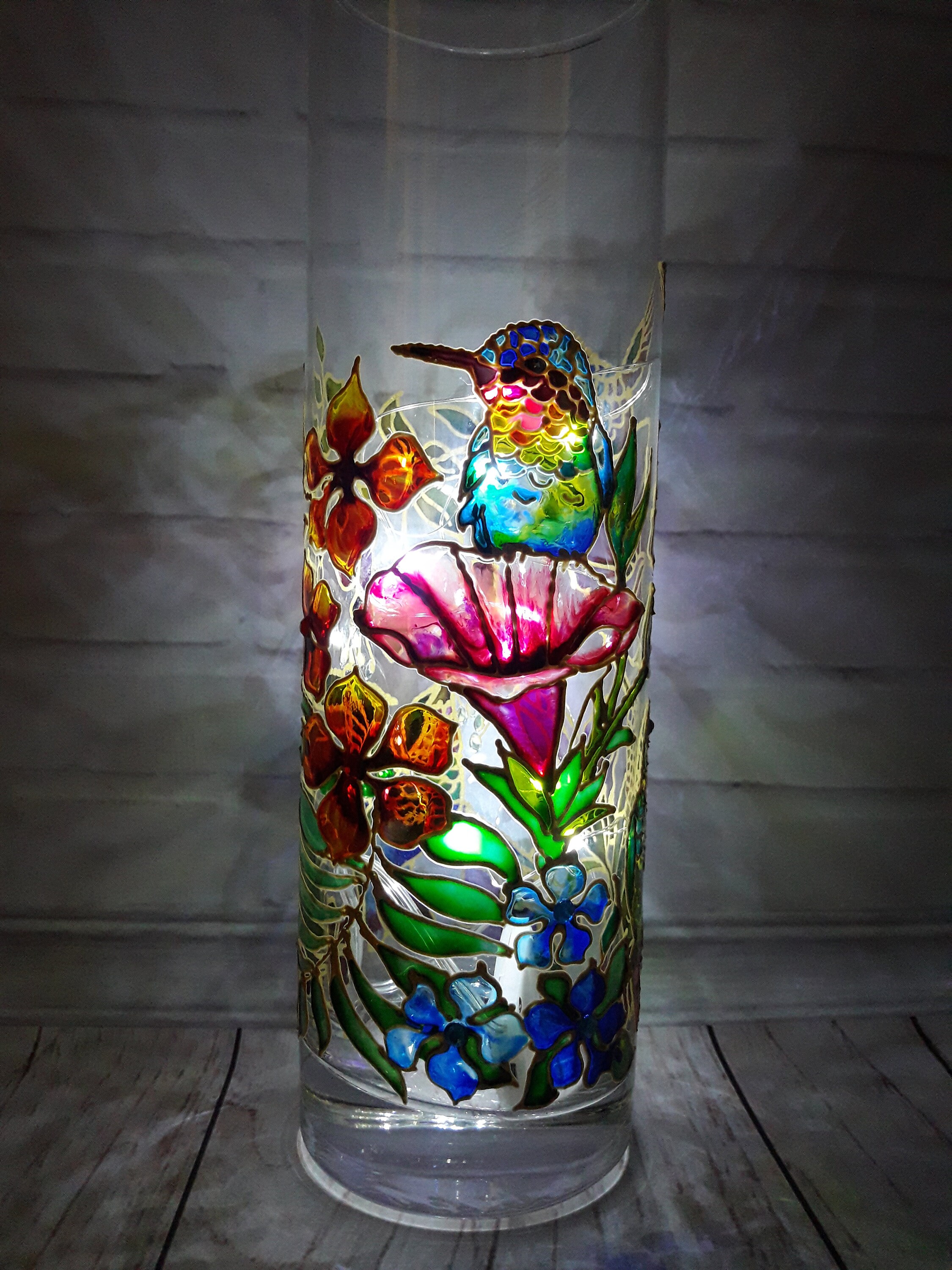 Hand Painted Hummingbird Vase Lamp 102 in 25 Cm Flowers | Etsy