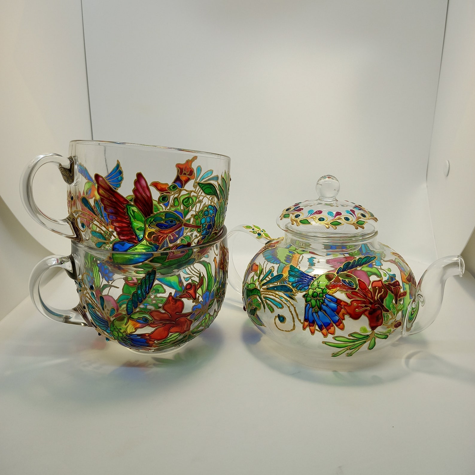Stained Glass Tea Set Hummingbirds Hand Painted Teapot and 2 | Etsy
