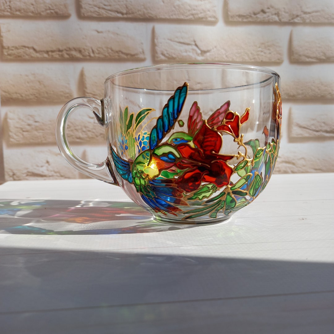 Stained Glass Coffee Cup 17 Oz 500 Ml Hummingbirds Hand Painted Mug ...