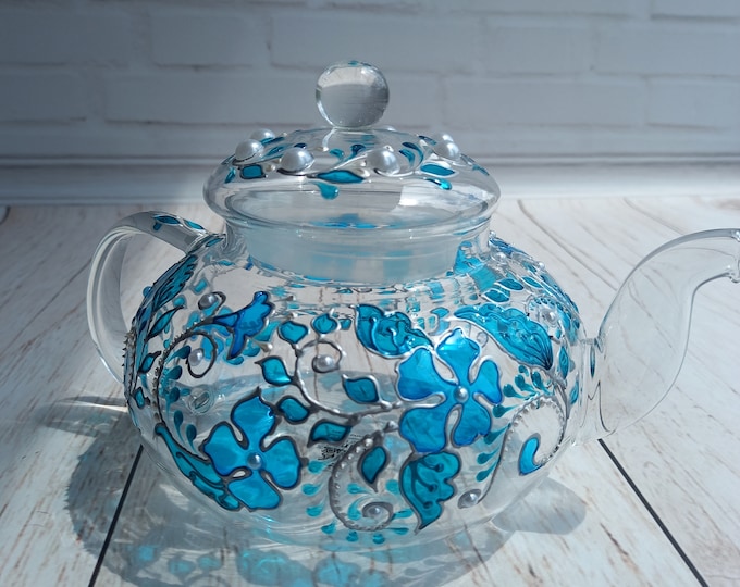 Stained Glass Teapot 20 Oz 600 Ml Blue Flowers Hand Painted - Etsy