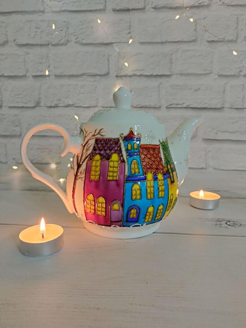 Hand Painted Teapot 28 Oz With City White Porcelain Teapot Stained ...
