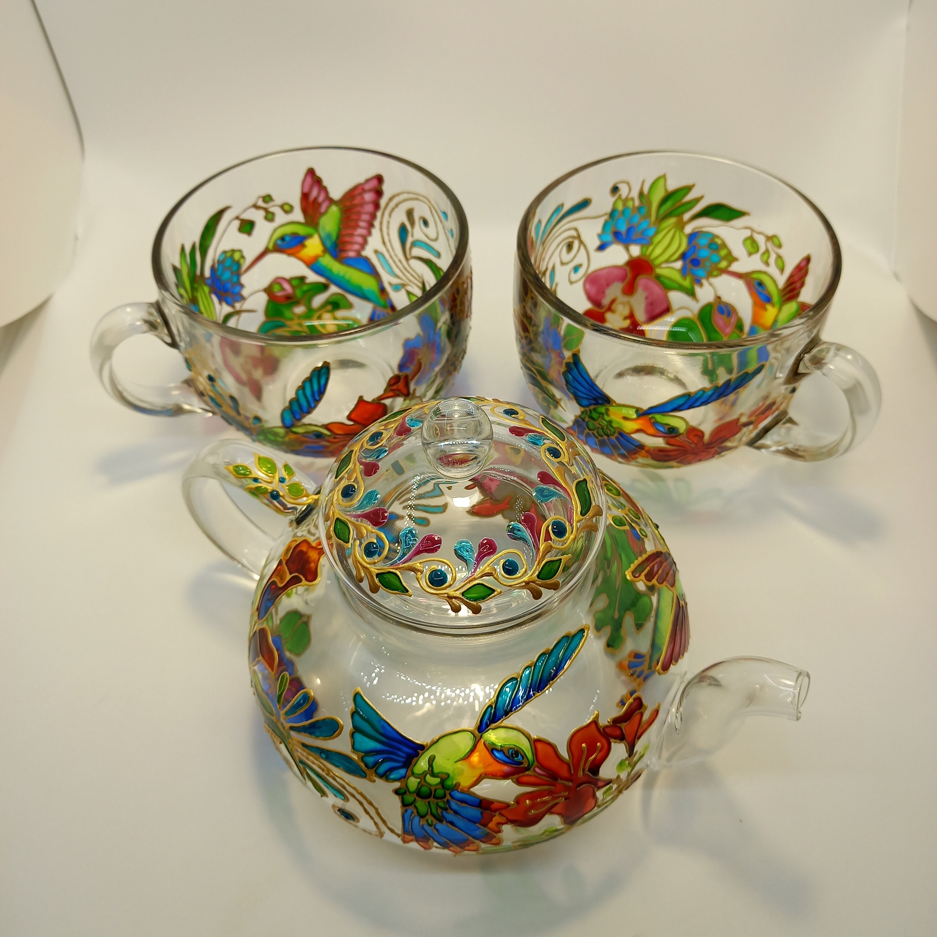 Stained Glass Teapot 20 oz 600 ml Hummingbirds Hand Painted | Etsy