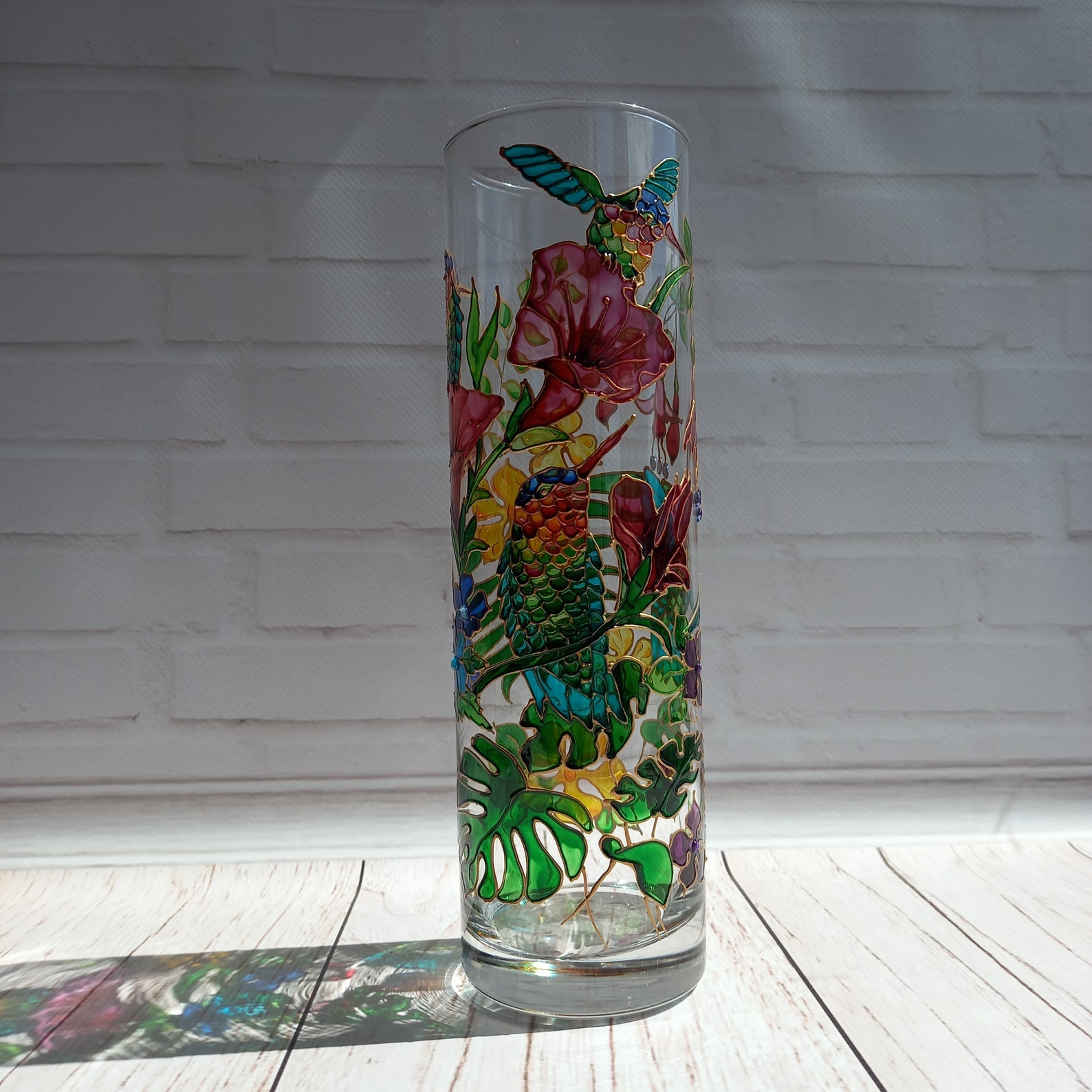 Stained Glass Vase Hand Painted Hummingbird Vase 104 in | Etsy