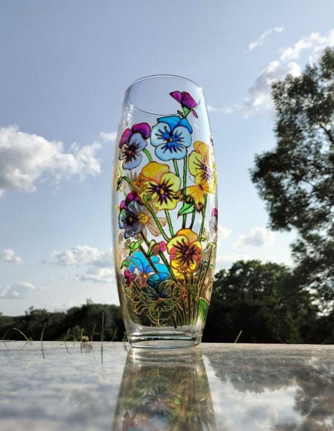 Stained Glass Vase Birth Flower 10 Inch Vase Flower Vase Monarch ...