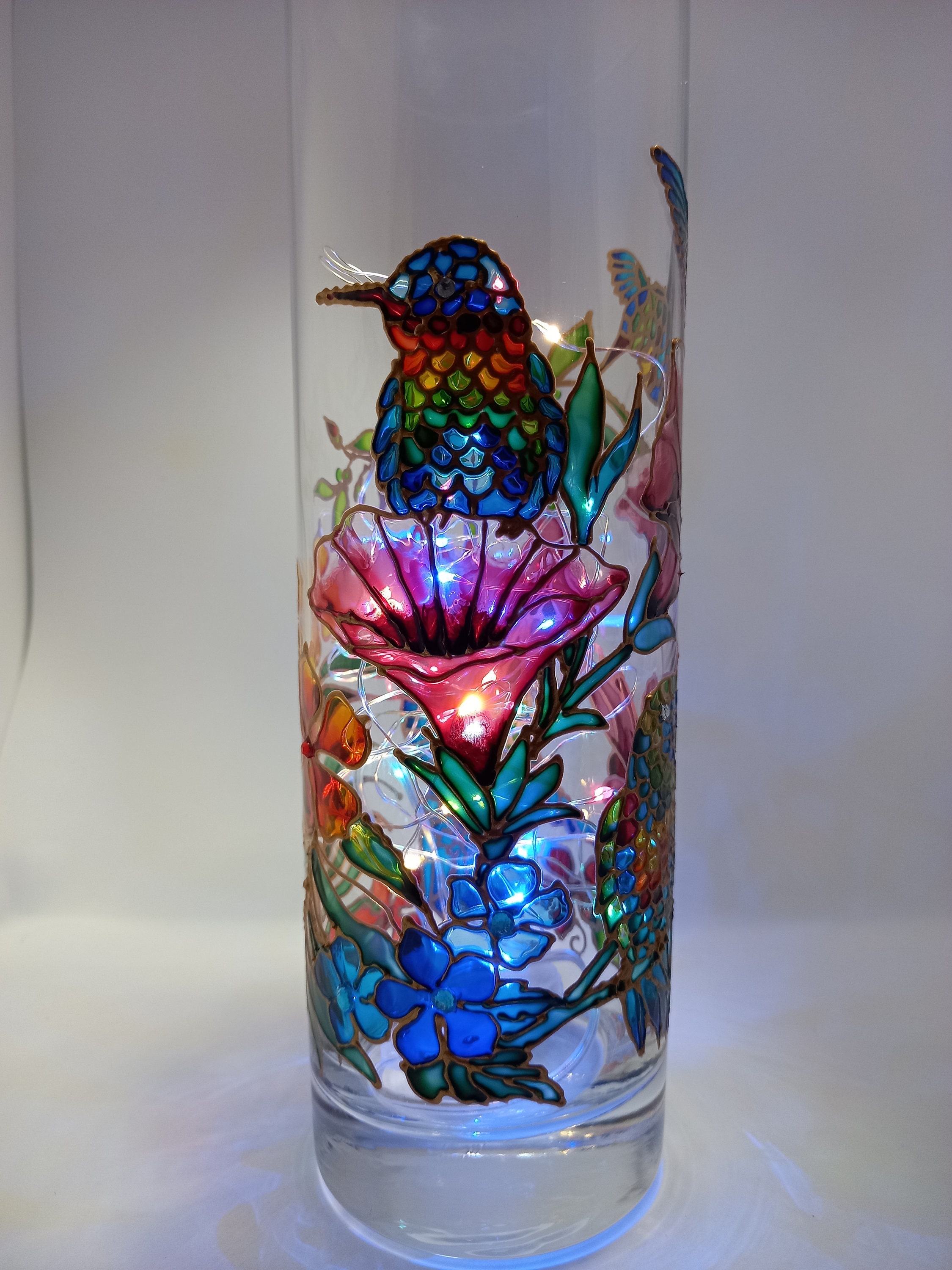 Stained Glass Vase Hand Painted Hummingbird Vase Lamp 102 | Etsy