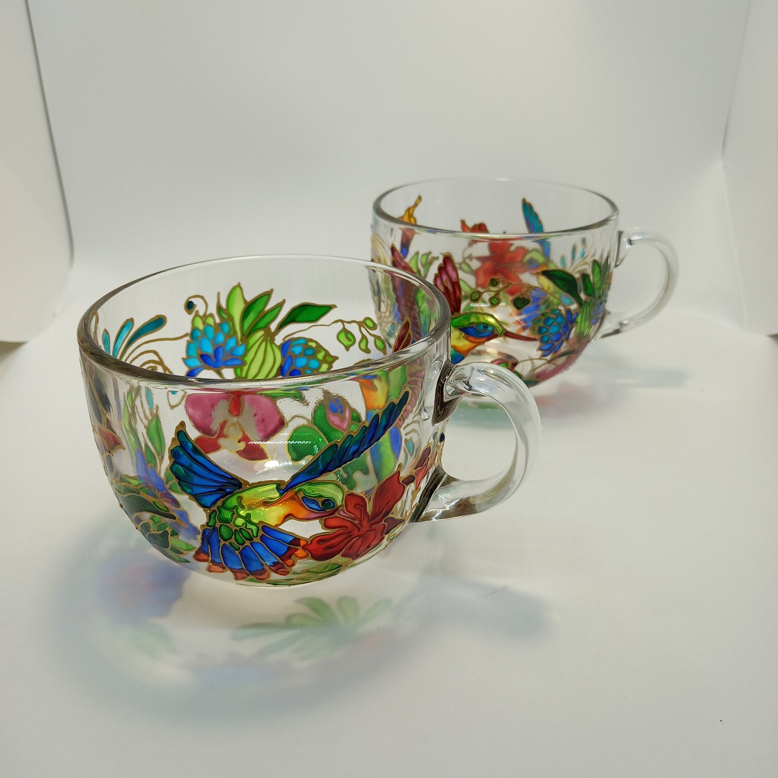 Stained Glass Tea Set Hummingbirds Hand Painted Teapot and 2 | Etsy