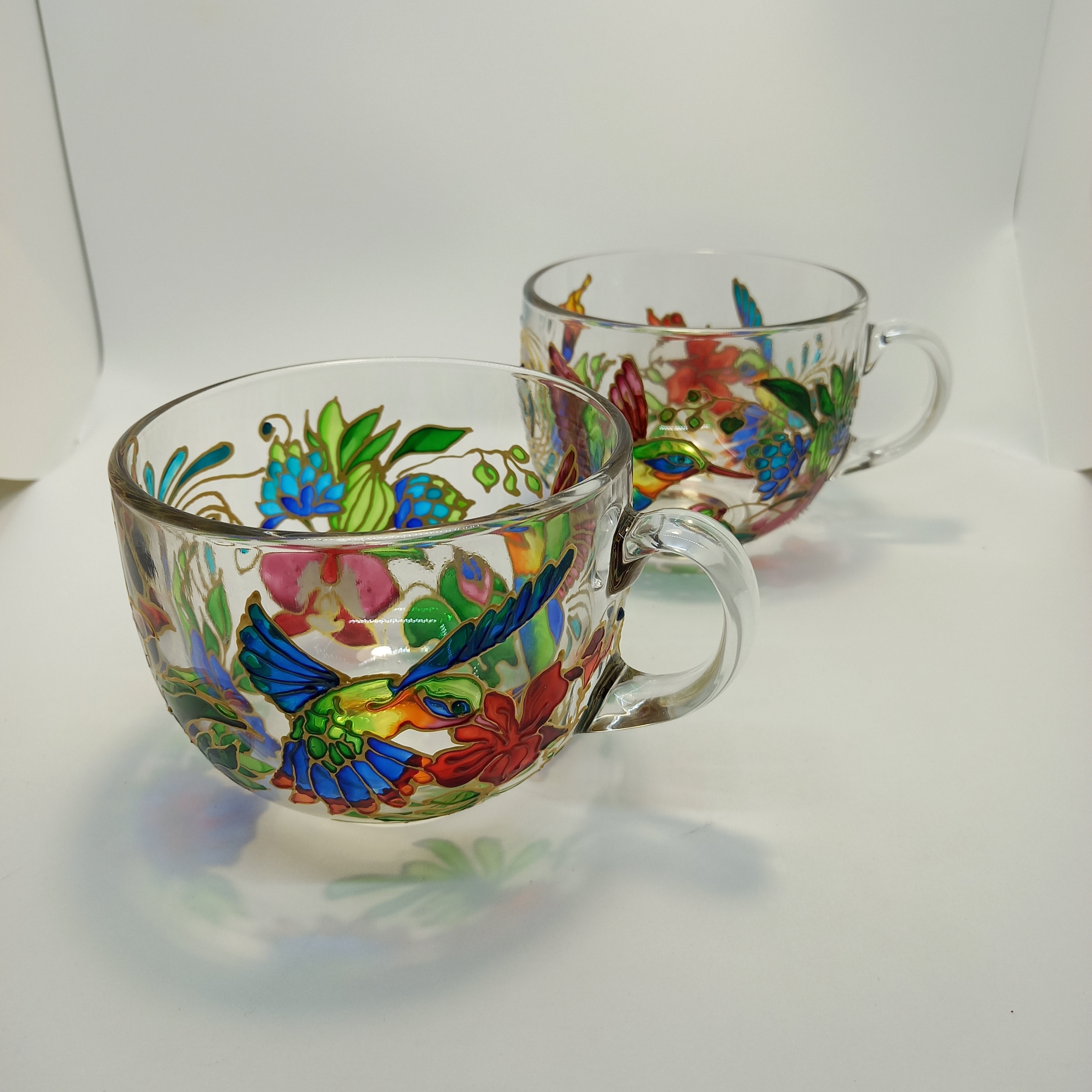 Stained Glass Tea Set Hummingbirds Hand Painted Teapot and 2 | Etsy