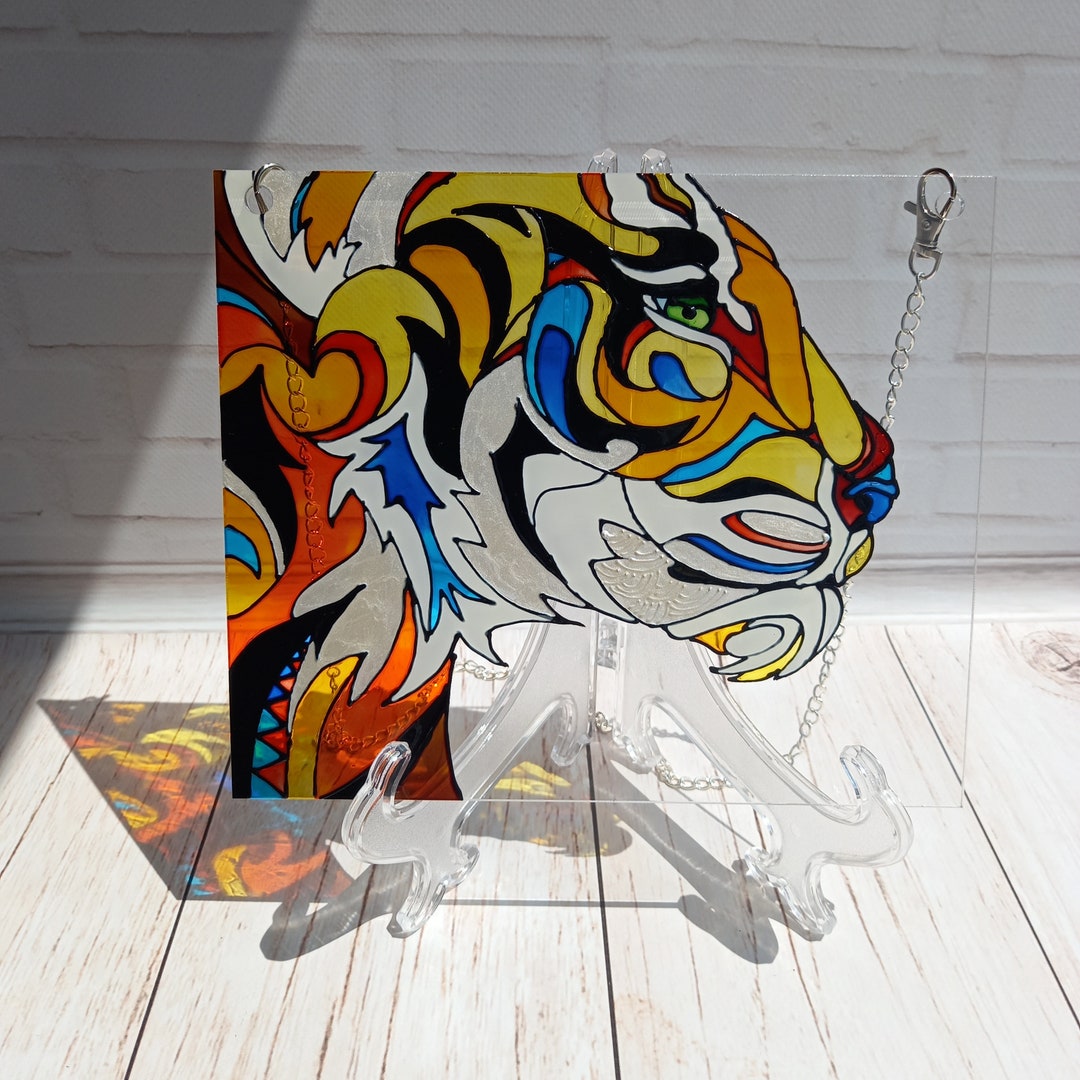 Stained Glass Suncatcher Tiger 10*8 in ( 24*20 Cm) Glass Window Hanging ...