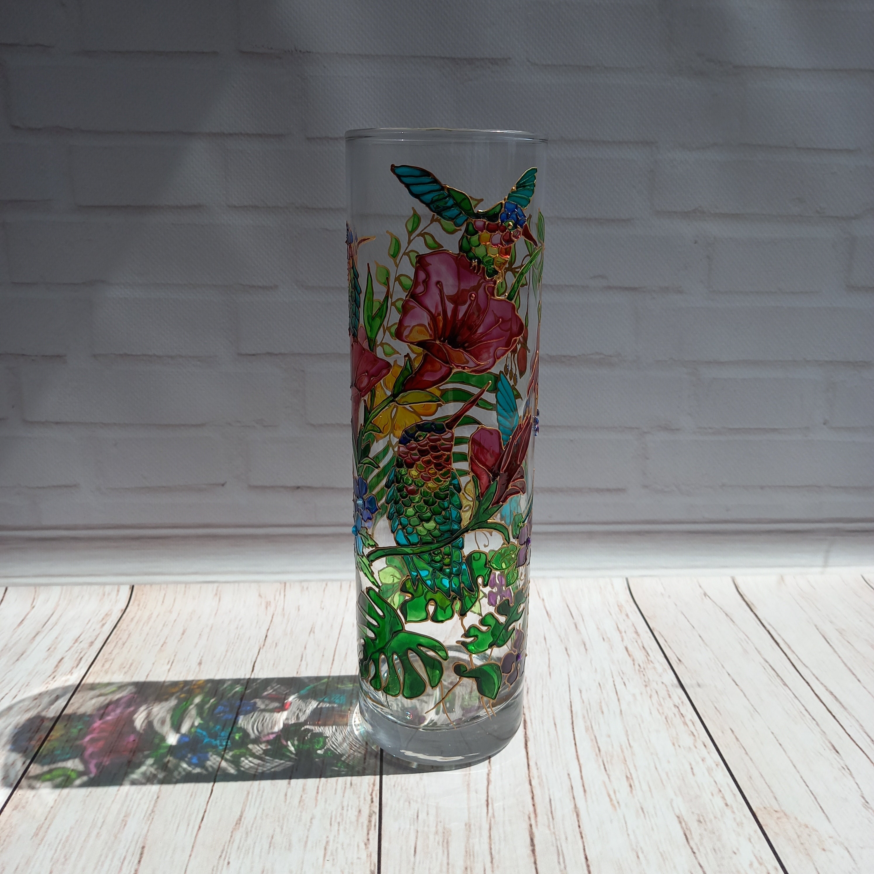 Stained Glass Vase Hand Painted Hummingbird Vase 104 in | Etsy