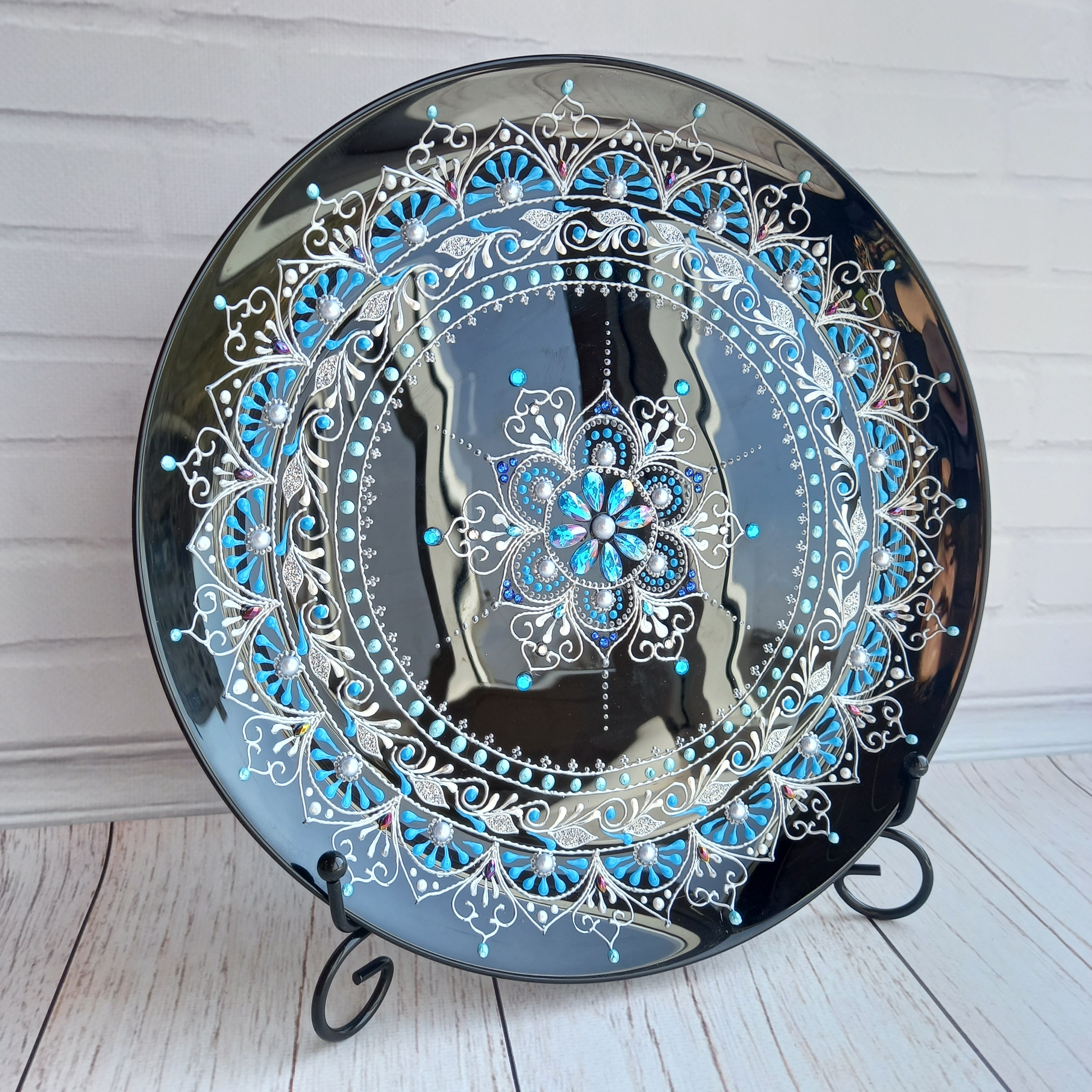 Mandala Plate 11 in 26 cm Black Hand Painted Plate | Etsy