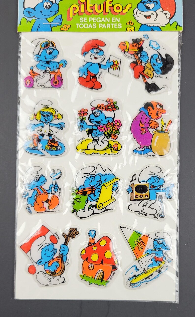 1983 THE SMURFS Puffy Stickers Sheet 7.5" X 3.5" (19 X 9 Cm) Spain Peyo ...