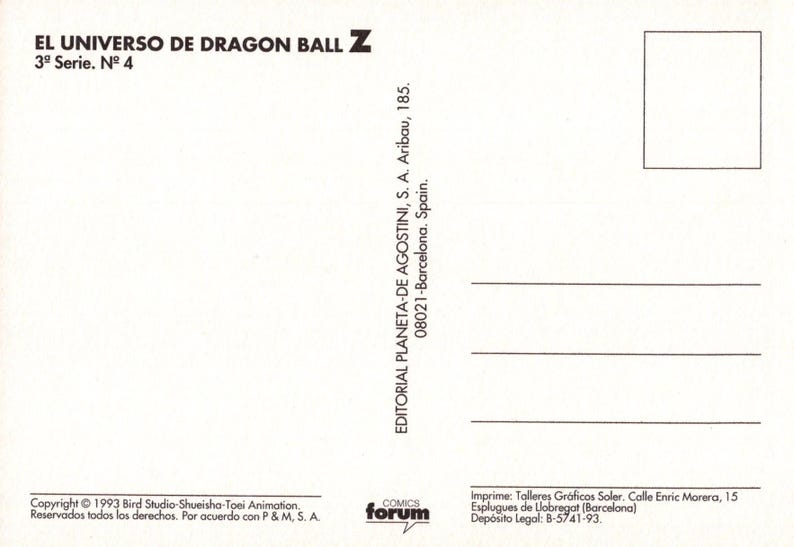 1993 DRAGON BALL Postcard Original Spanish Vintage 15 X 10.5 Cm. (6" X ...