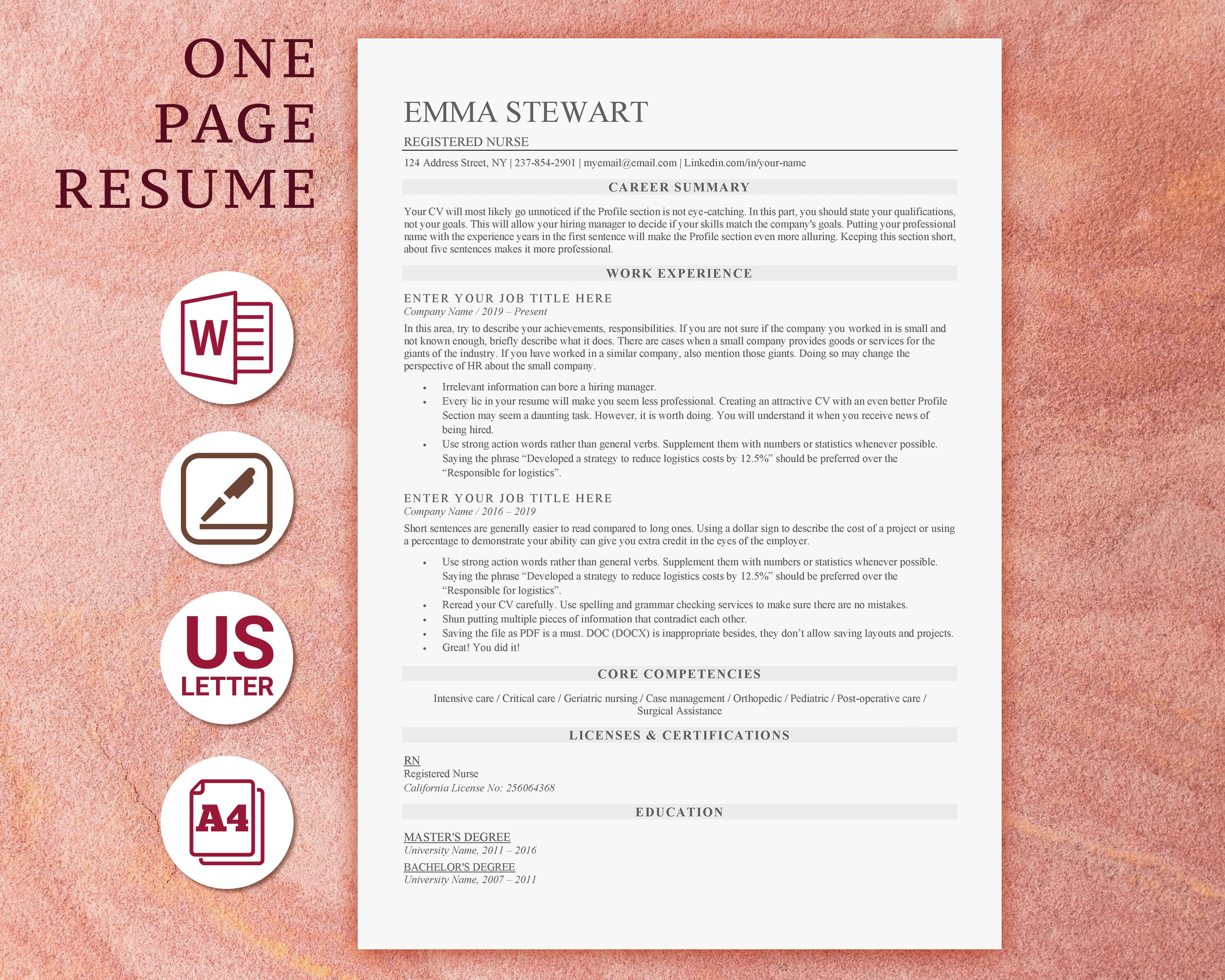 ATS Resume Template for Google Docs, MS Word & Mac Pages / 1, 2 Page ...