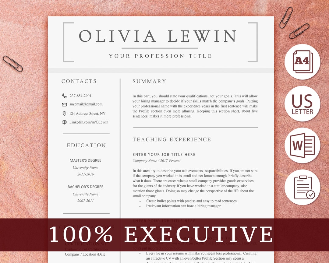 Teacher Resume Template Word and Mac Pages With Cover Letter / Clean ...