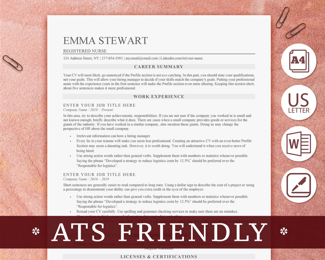 ATS Resume Template for Google Docs MS Word & Mac Pages / 1 - Etsy ...