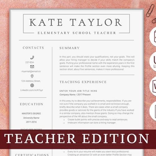 Editable Teacher Resume - Etsy
