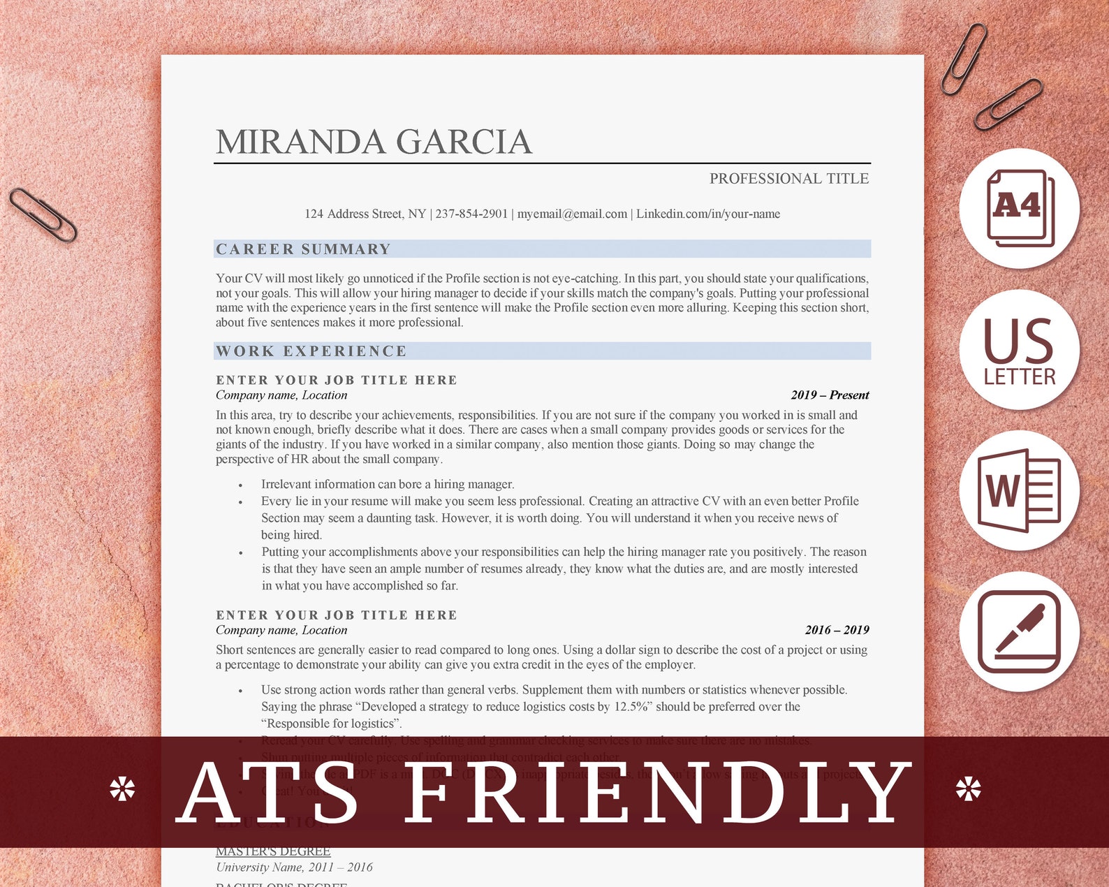 ATS Friendly Resume Template / Google Docs, MS Word & Mac Pages ...
