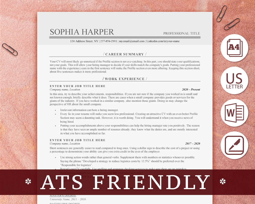 ATS Friendly Resume Template / Google Docs, Word & Apple Pages Formar ...