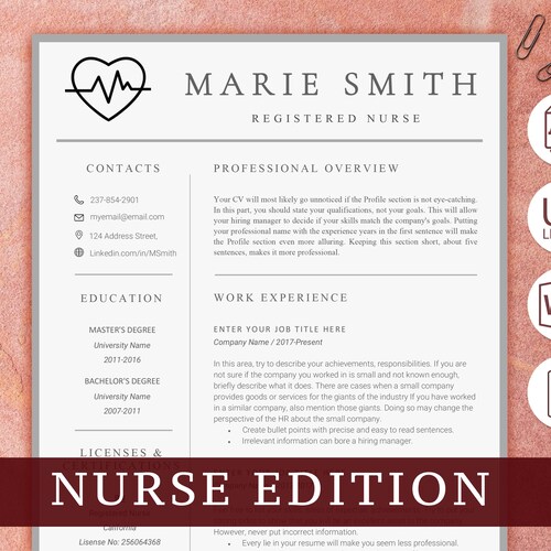 Nurse Resume Template Word or Apple Pages / RN Resume / Size | Etsy