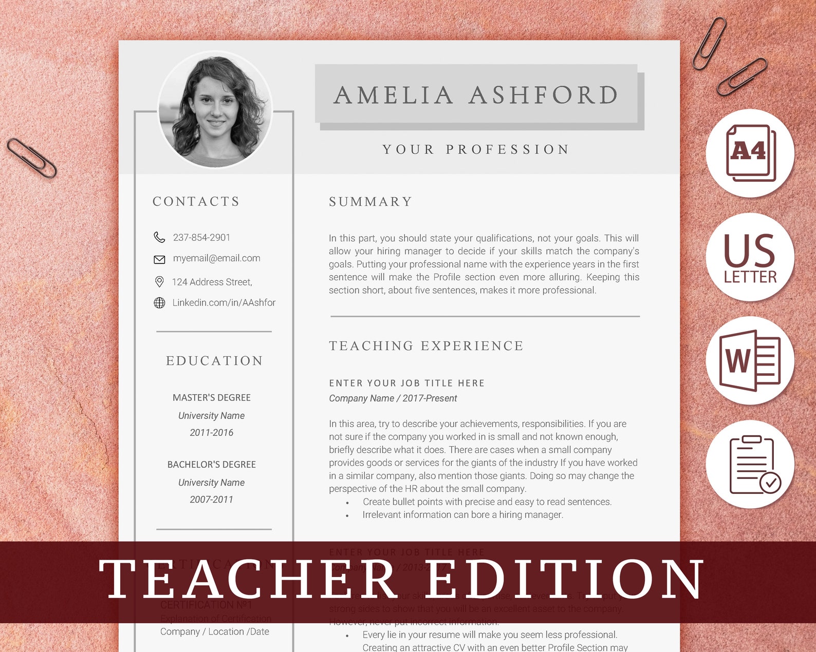 Professional Teacher Resume Template With Photo / MS Word & Apple Pages ...