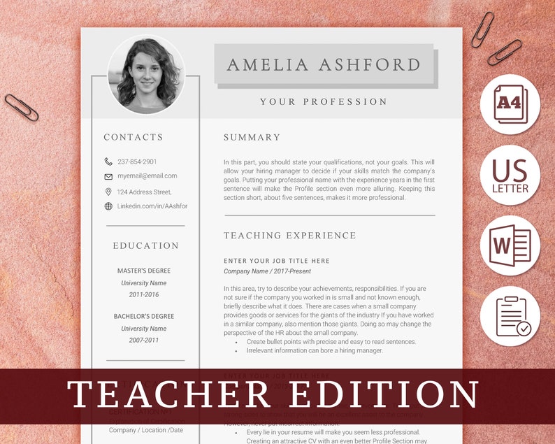 Professional Teacher Resume Template With Photo / MS Word & Apple Pages ...