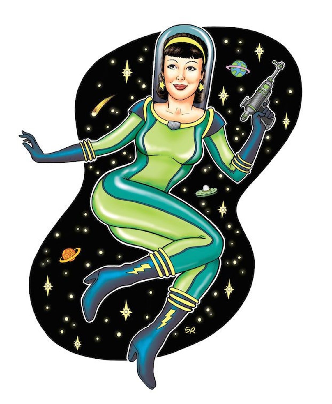 Retro Space Girl Art Print - Etsy Hong Kong