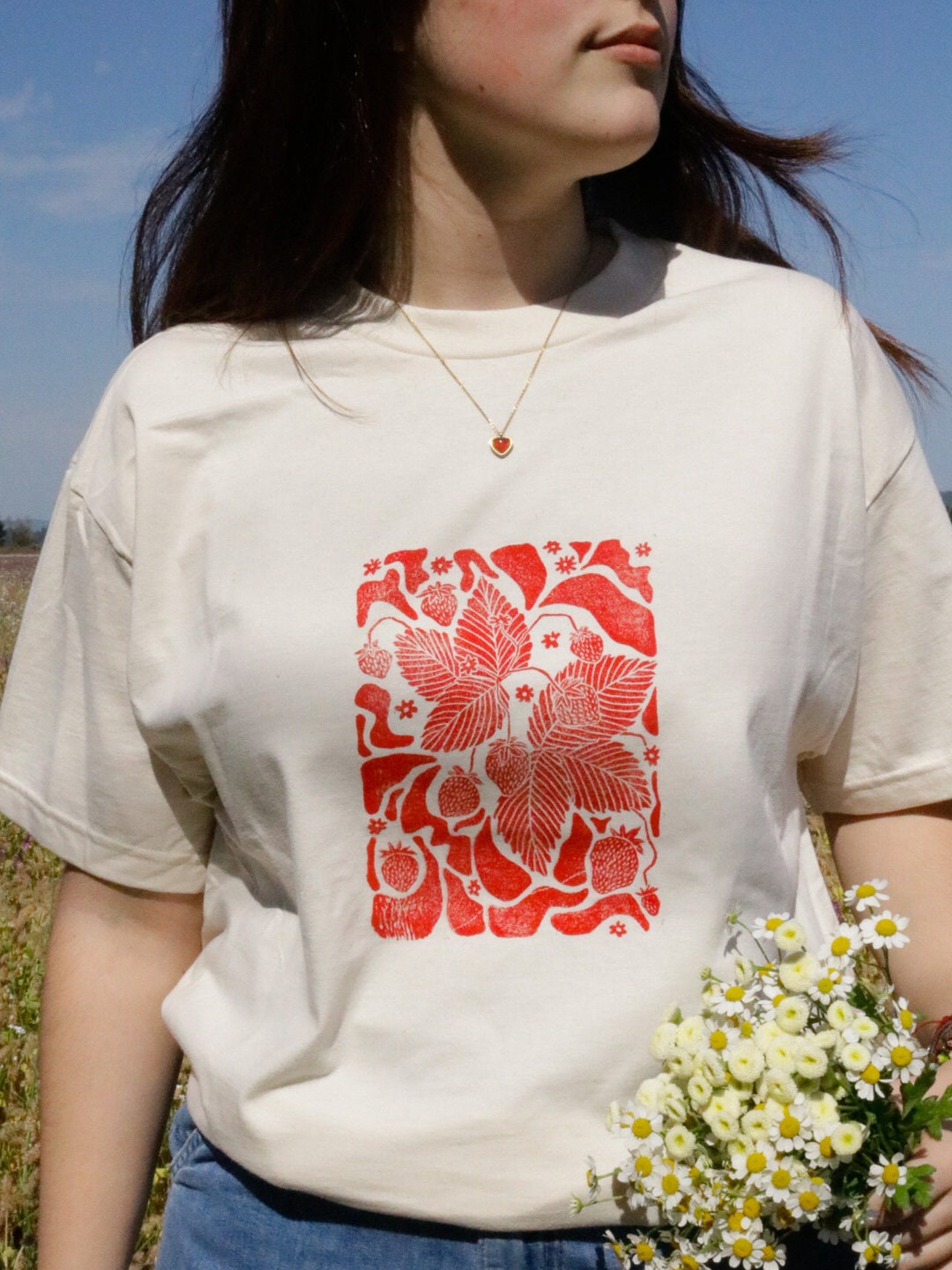 Red STRAWBERRY SZN Linocut Block Printed Tshirt - Etsy
