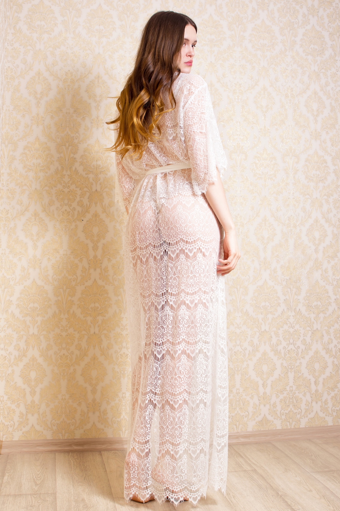 Sheer Black Long Lace Robe See Through Bridesmaid Dressing Etsy