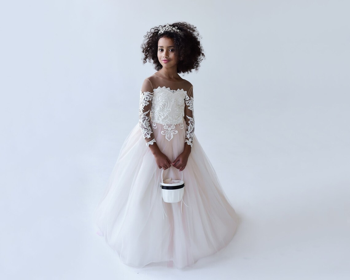 Light Ivory and Beige Flower Girl Dress With Gold Embroidery Floor ...