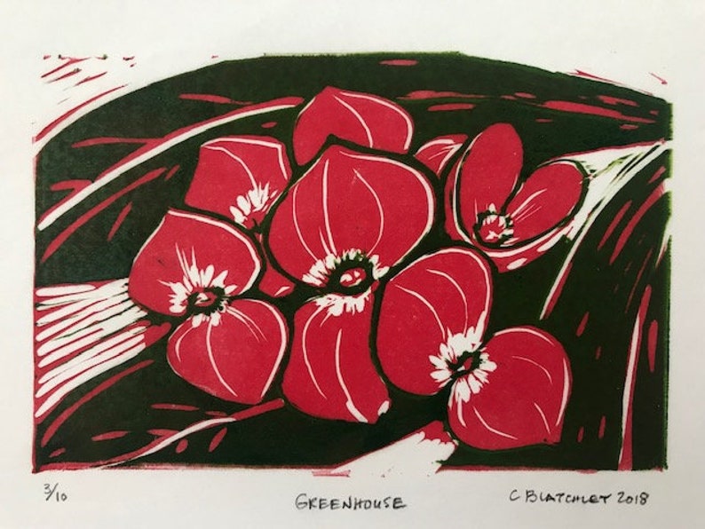 Red Flower Artwork an Original Reduction Print Greenhouse - Etsy