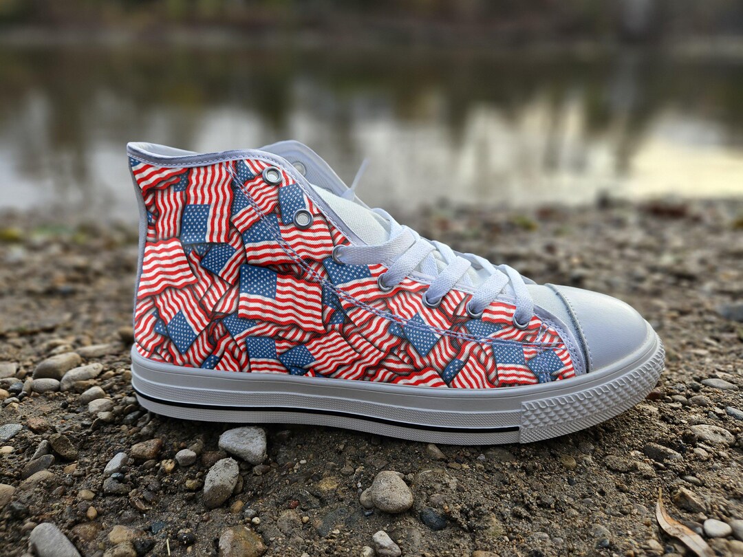 Patriotic American Flag Shoes, USA Flag Printed Sneakers, Red White and ...