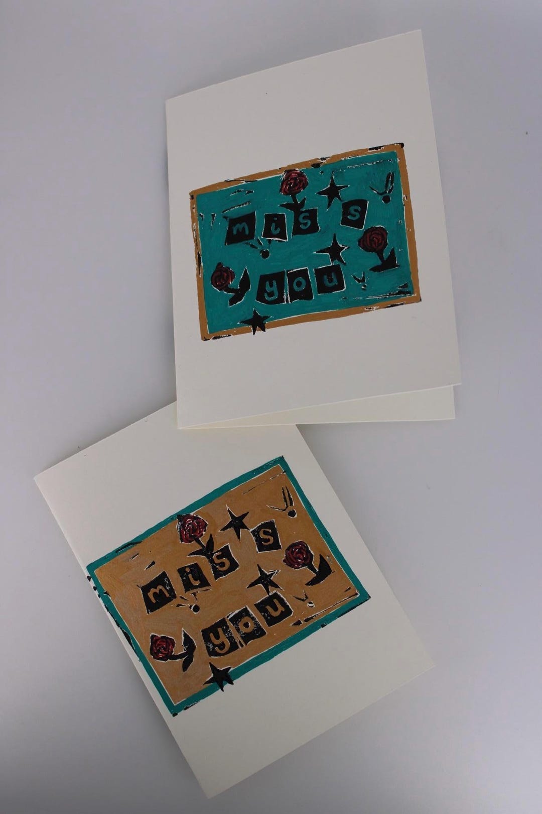 Miss You Set of 2, Handprinted Blank Note Cards (teal and Bronze) - Etsy