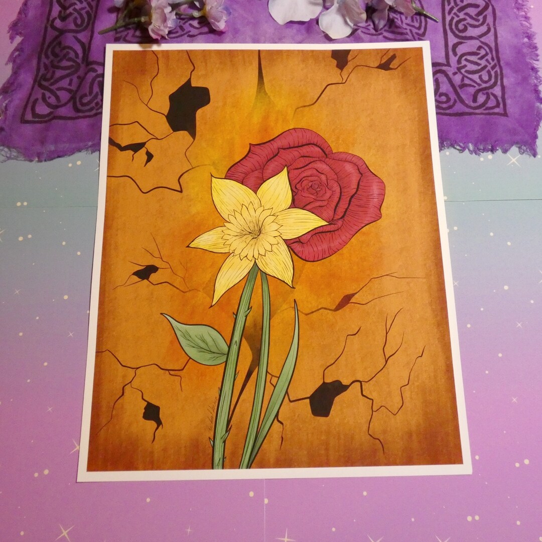 Daffodil and Rose 11 X 14 Inch Art Print | Somber, Floral Artwork - Etsy