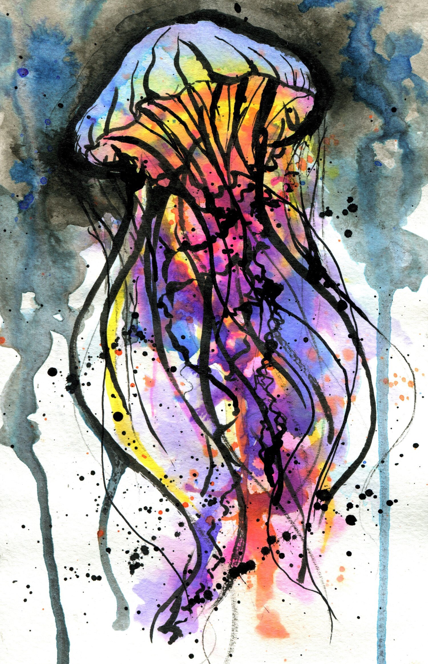 Bold and Colourful, Original Ink Painting of Jellyfish Marine Wildlife ...