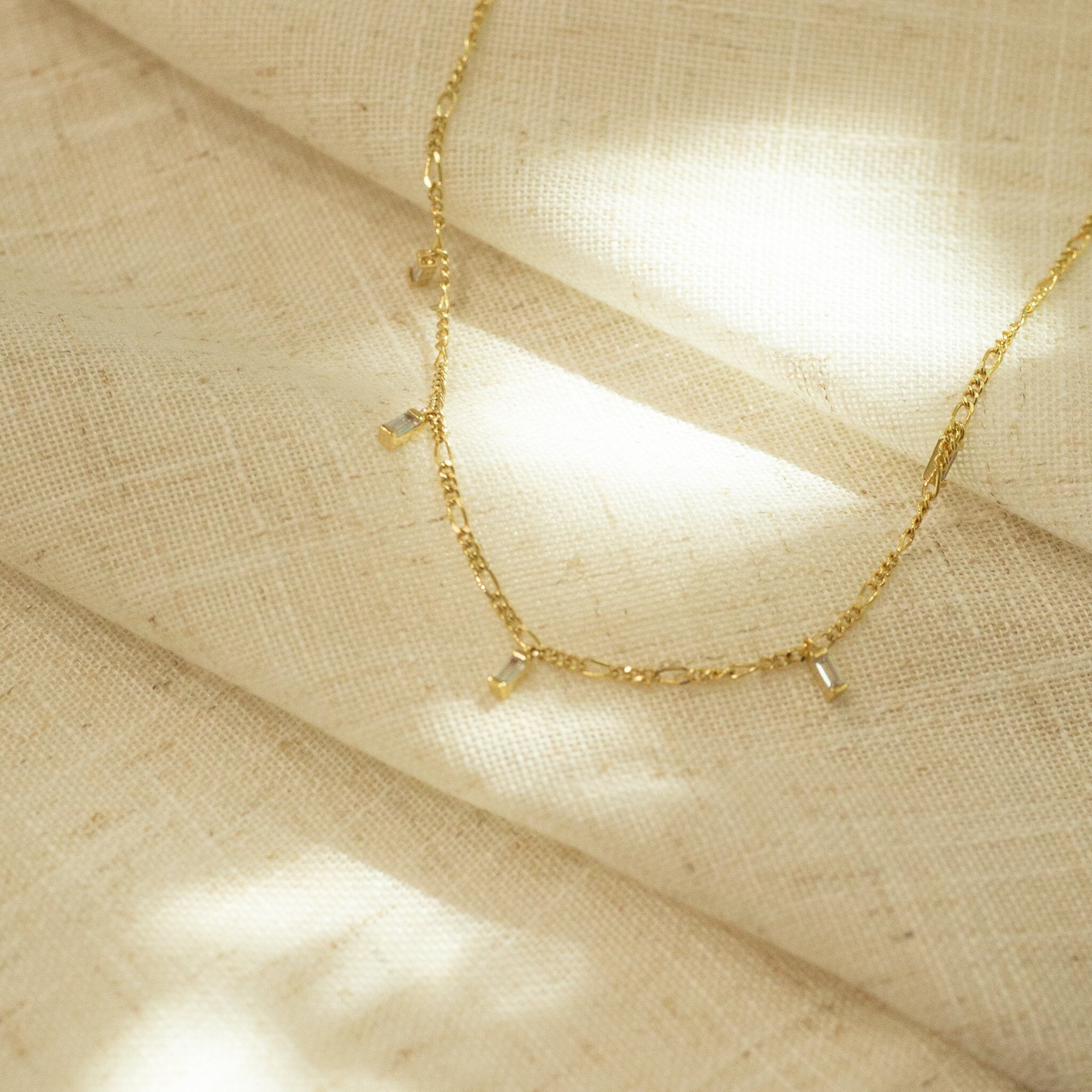 Amelia Gold Station Necklace With Baguette Stone Charms - Etsy
