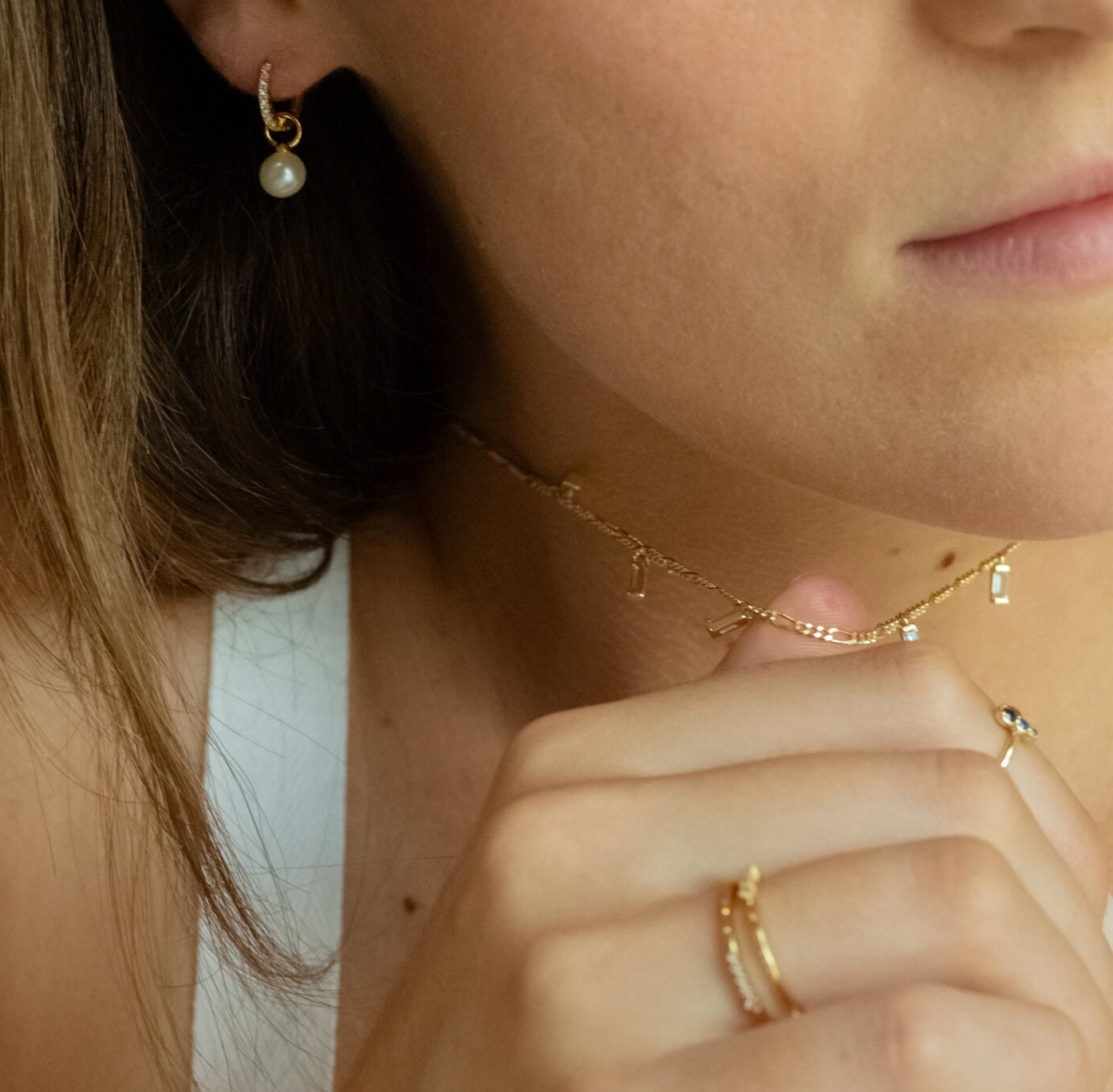 Amelia Gold Station Necklace With Baguette Stone Charms - Etsy