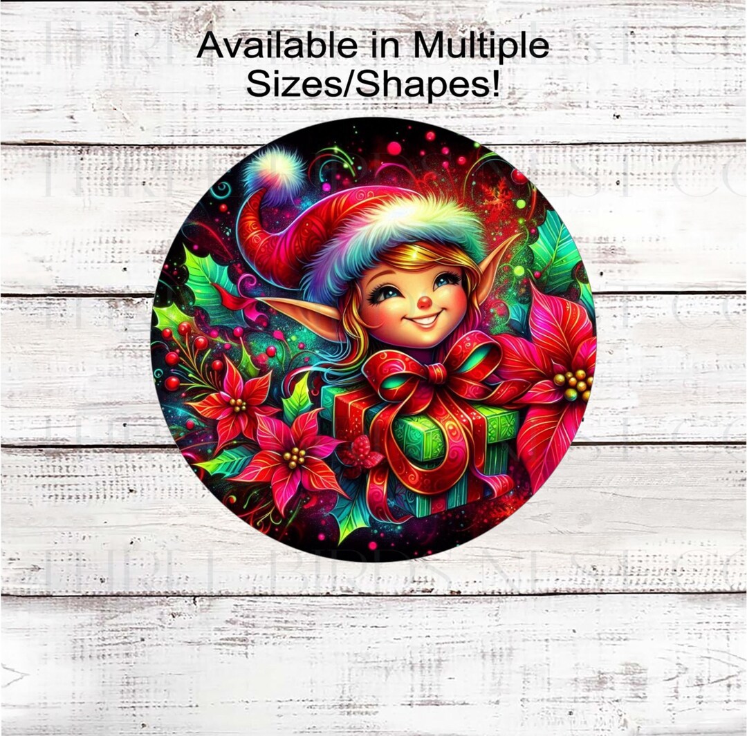 Christmas Elves Wreath Sign Girl Elf Pastel Christmas Holly Poinsettia ...