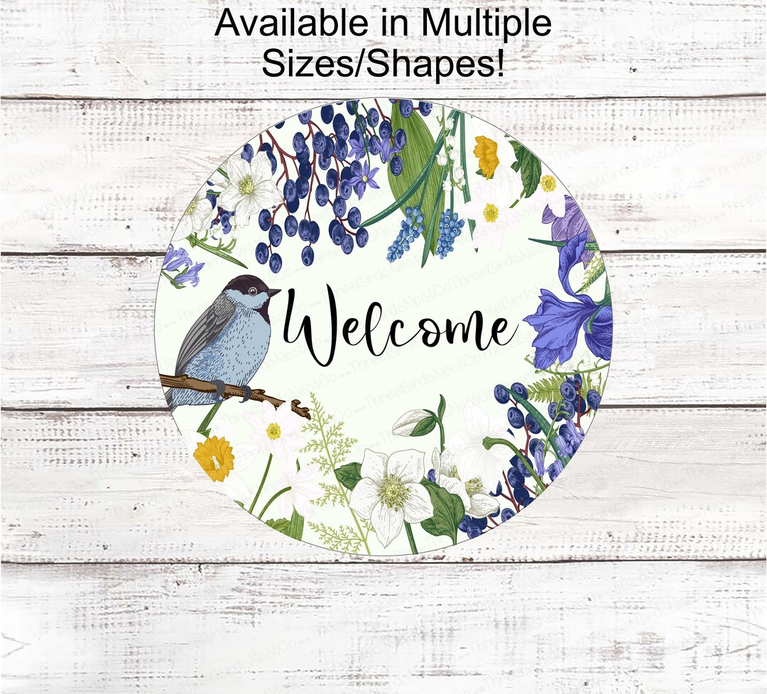 Welcome Wreath Sign - Spring Flowers Sign - Bluebird Sign - Bird Wreath ...