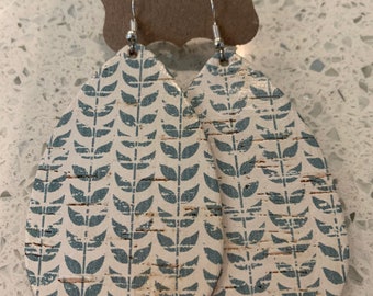 Vintage Floral Cork on Leather Teardrop Earrings - Etsy