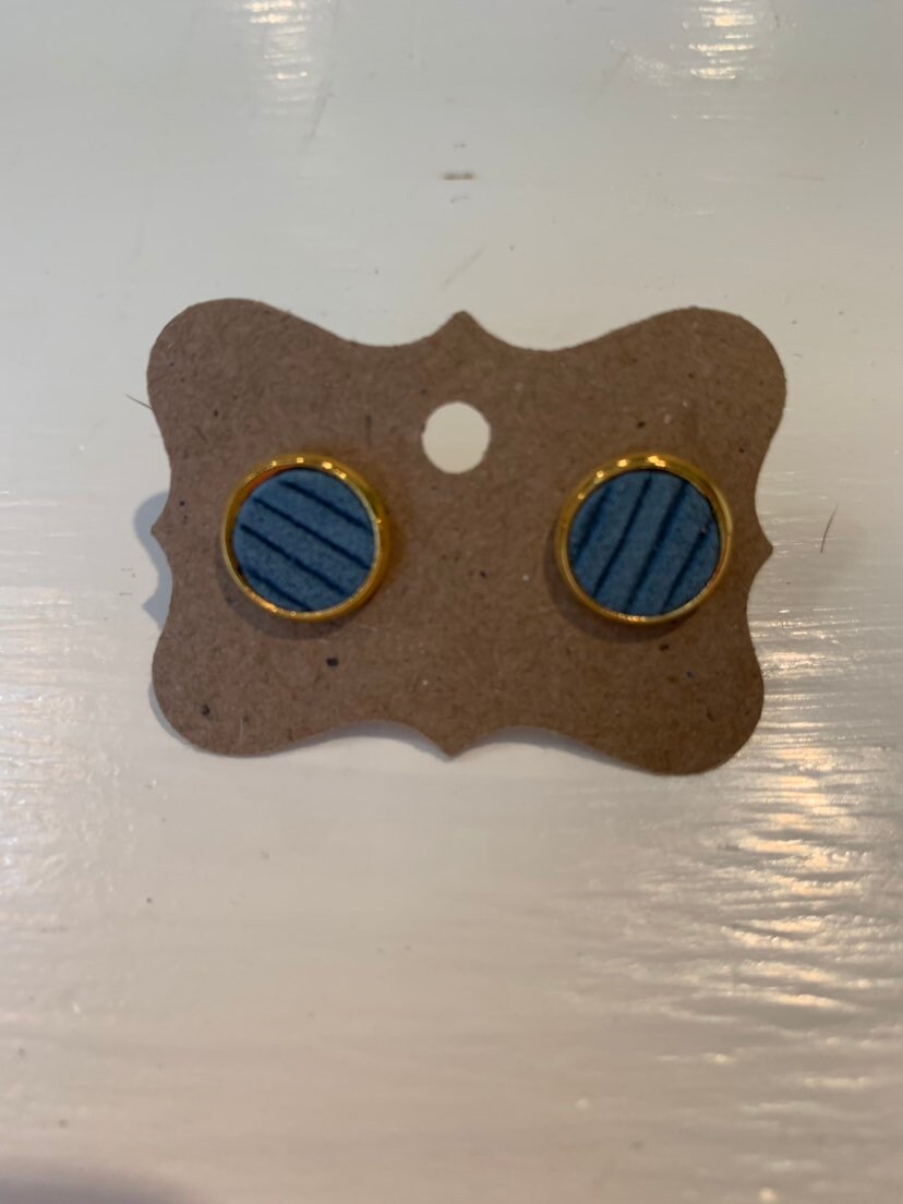 Denim Blue Ruffle Waves Leather Stud Earrings Set in Gold - Etsy