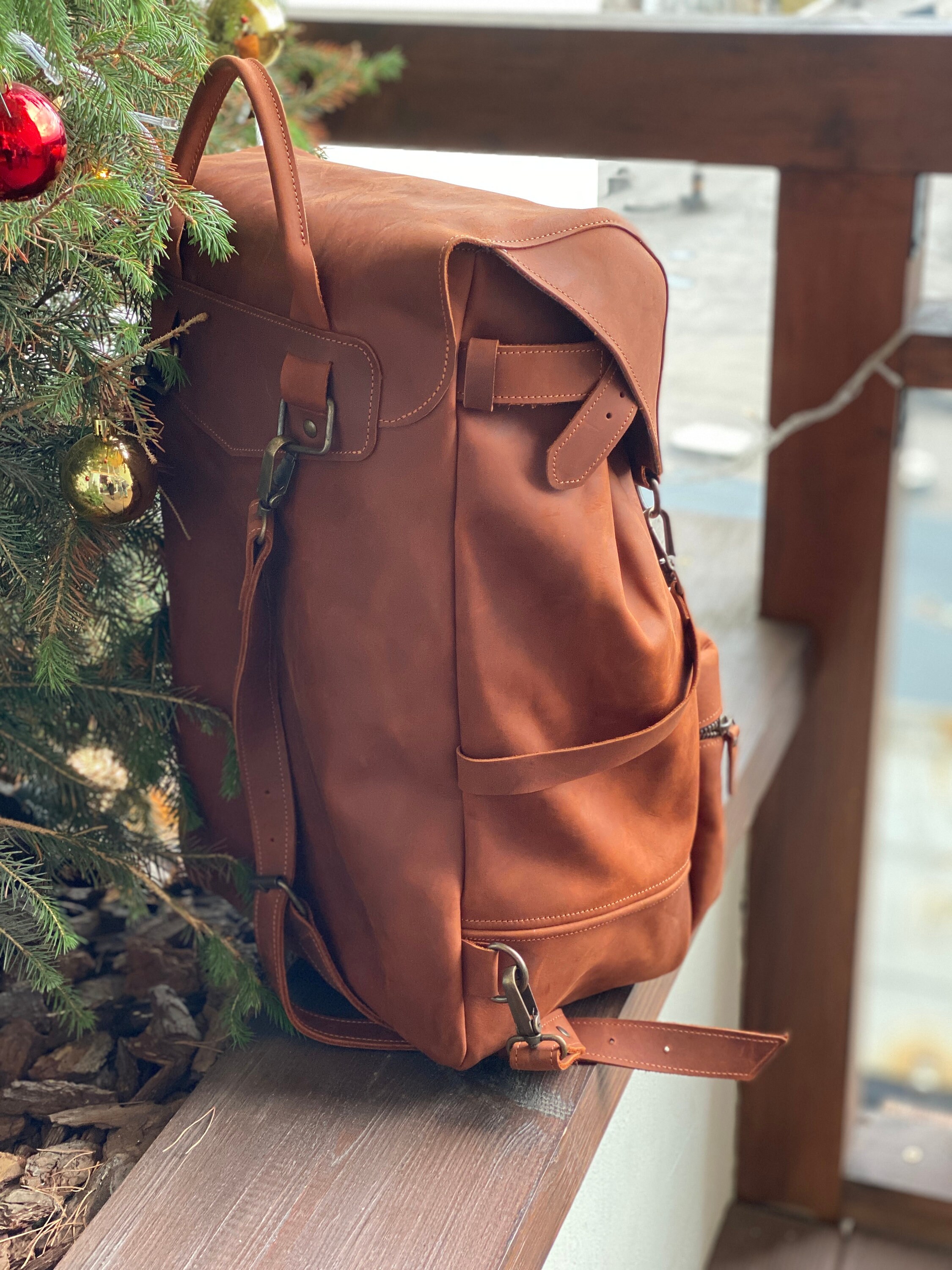 Extra Large Cognac Leather Backpack: Handmade Travel Rucksack - Etsy