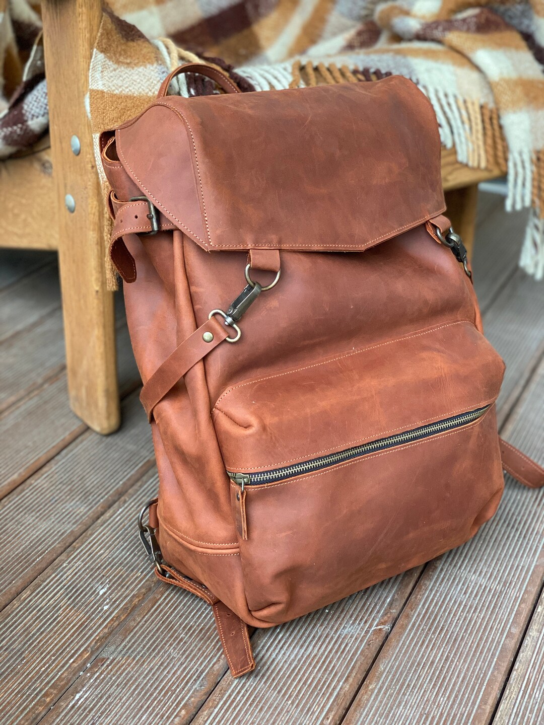 Extra Large Cognac Leather Backpack: Handmade Travel Rucksack - Etsy