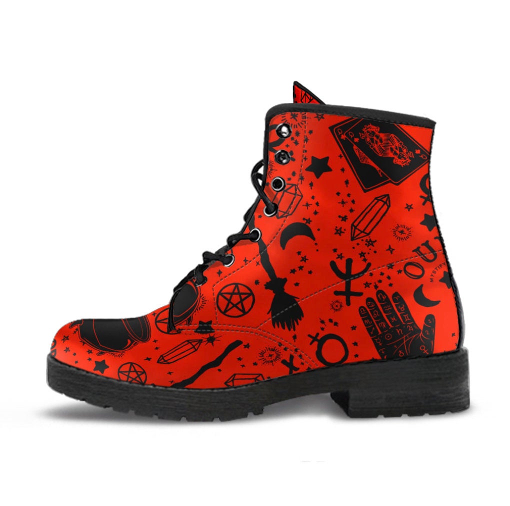Lace up Boots, Occult Symbols, Black on Red, Goth, Witch, Custom Made ...